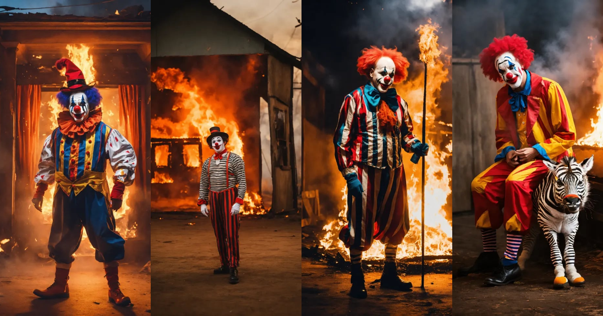 Lexica - A clown and a very small zebra in the ring, broken windows ...