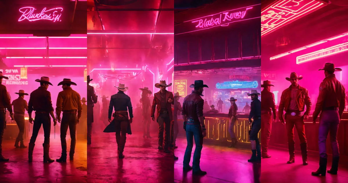 Lexica - Cowboys line-dancing in a cyberpunk bar. They wear light pink ...