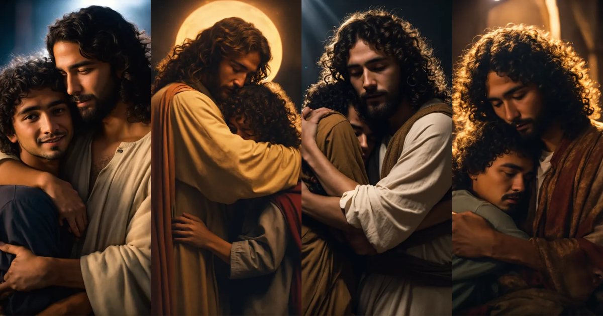 Lexica - JESUS HUGGING A HISPANIC CURLY HAIRED BOY 8K. SURROUNDED BY ...