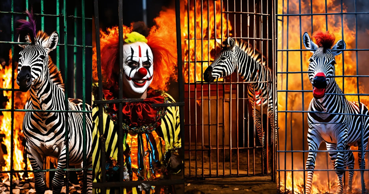 Lexica - Clown, a very small zebra inside the cage, broken windows ...