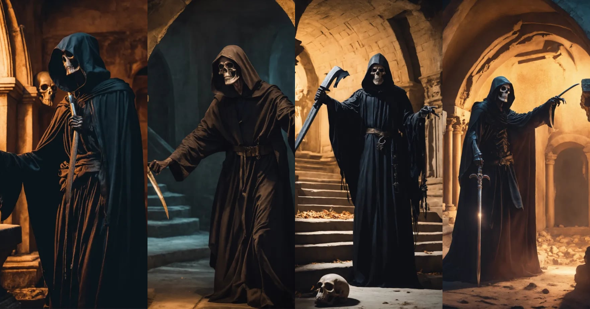 Lexica - An up-close grim reaper with his arm outstretched and pointing ...