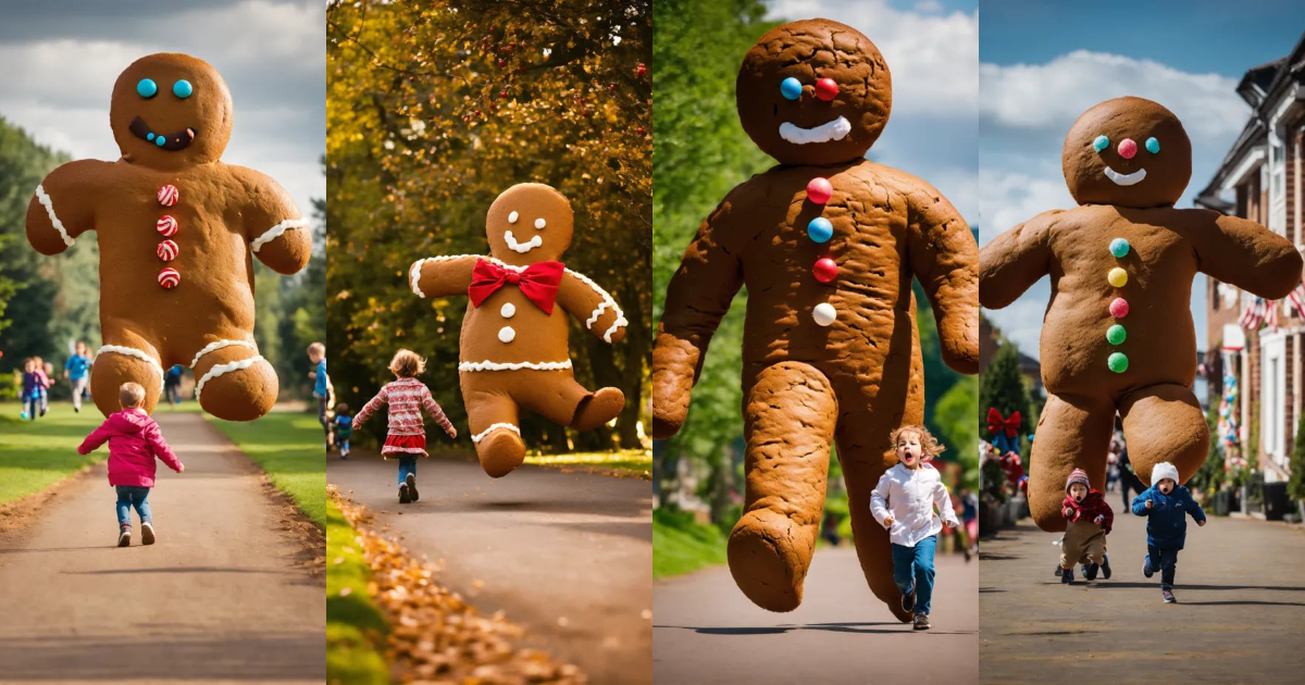 Lexica - A giant angry gingerbread man chasing a child.
