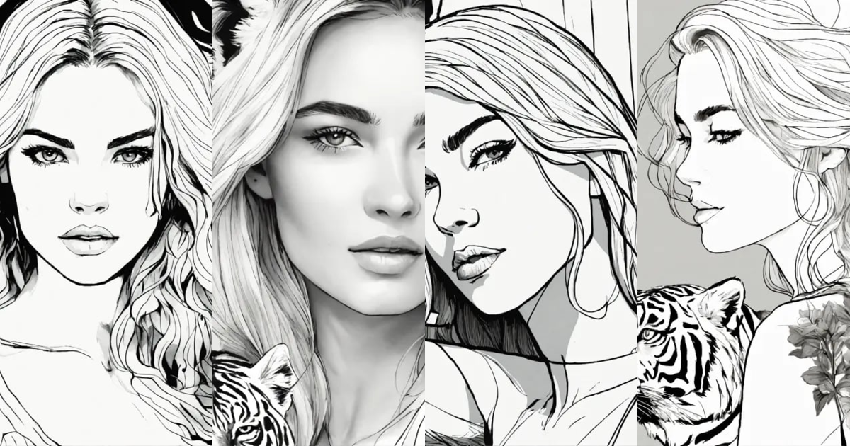 Lexica - Black and white bold line drawing, blonde woman, with tiger ...