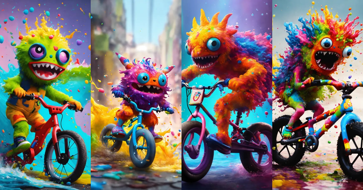 Lexica - A cute kid monster in a bicycle raid a wave made of paint of ...