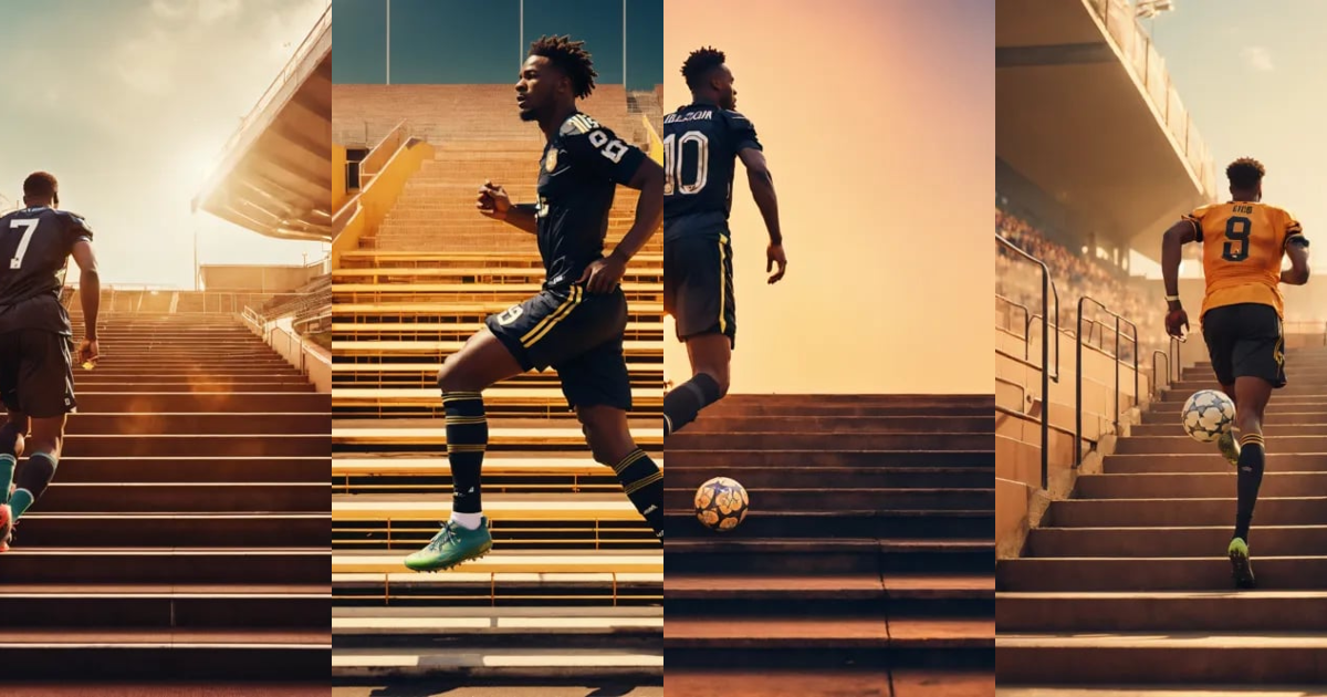 Lexica - A black football player running up the stairs to a football ...