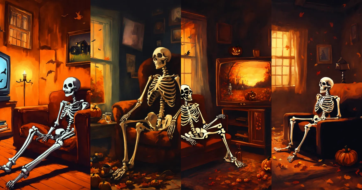 Lexica - A painting of a lazy skeleton watching television in a dark ...