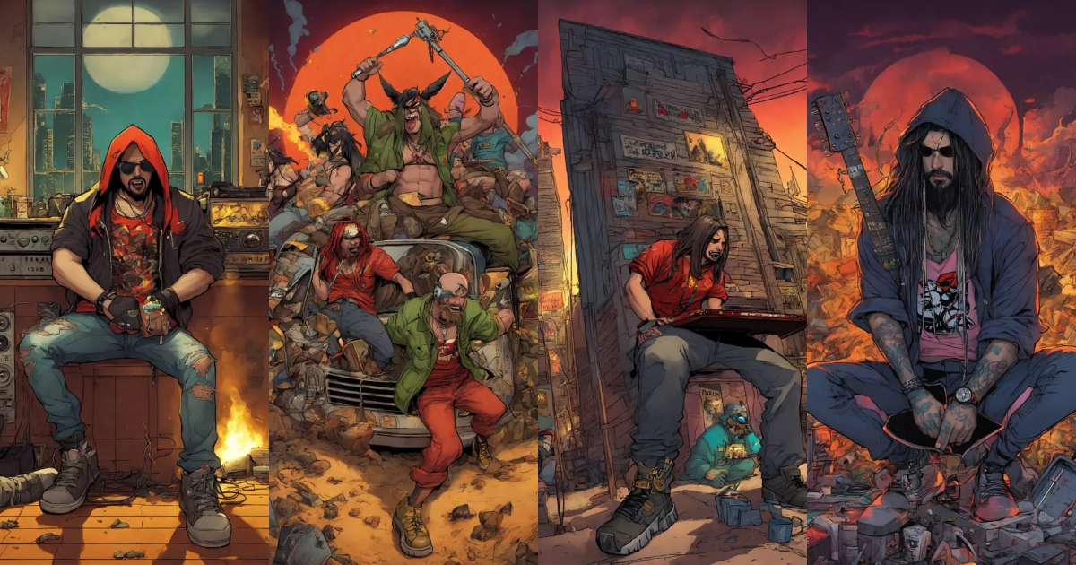 Lexica - A crazy rap, heavy metal mix music style, comic art