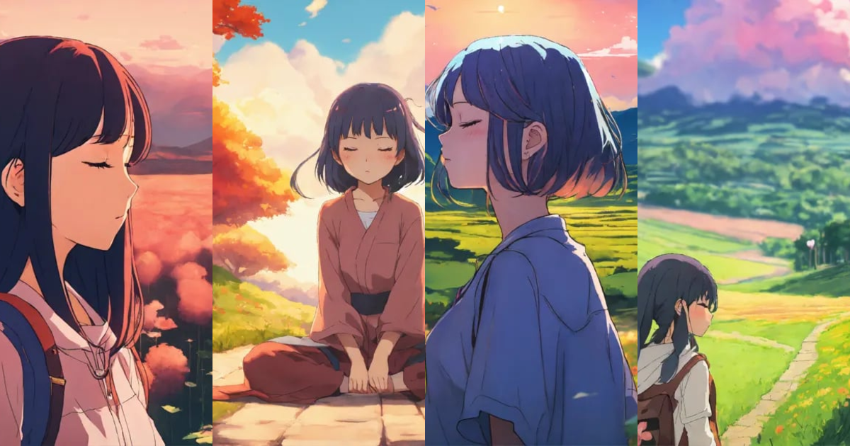 Lexica - A anime girl eyes closed,in a lofi landscape, in the style of ...