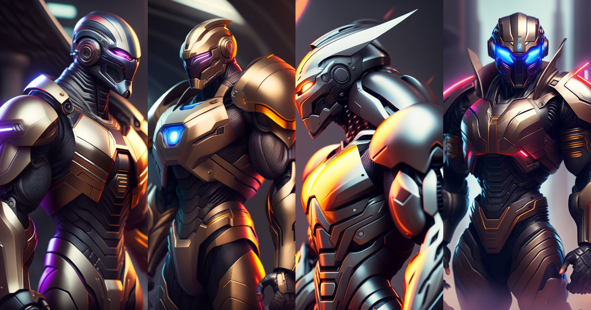 Lexica - Robot humanoid, steel muscle, alien looks, heavy weapon in arm ...