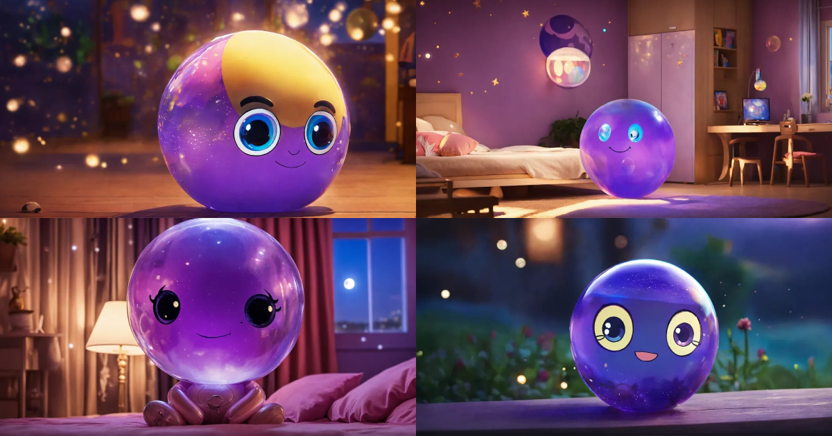Lexica - Bubble ball, cute, smile, big eyes, purple body, moon on its forehead, bedroom