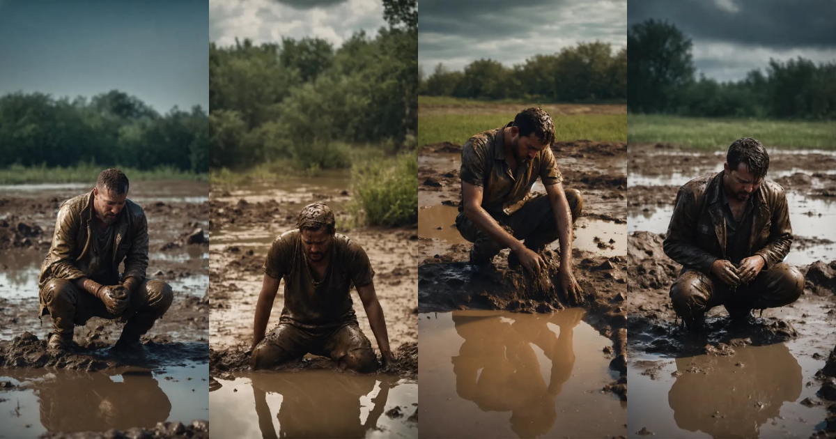 Lexica - Ashamed man falling on his knees and hands in a mud pond ...