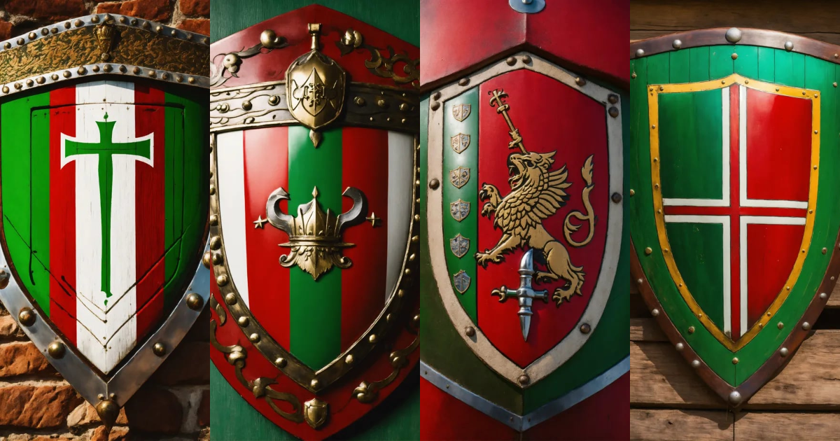 Lexica - A medieval shield, with the colors green, red and white, with ...
