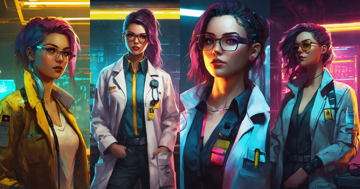 Lexica - Female sneaky college aged nerdy cyberpunk lab assistant in a ...