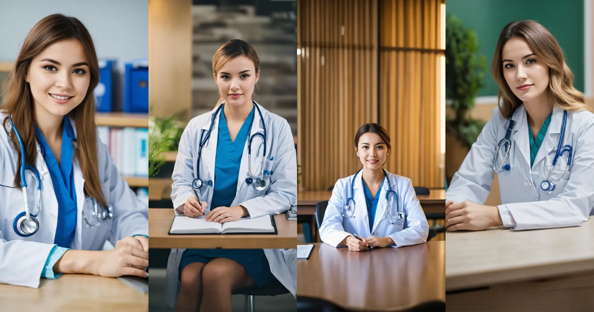Lexica - Young woman doctor seating behind the table