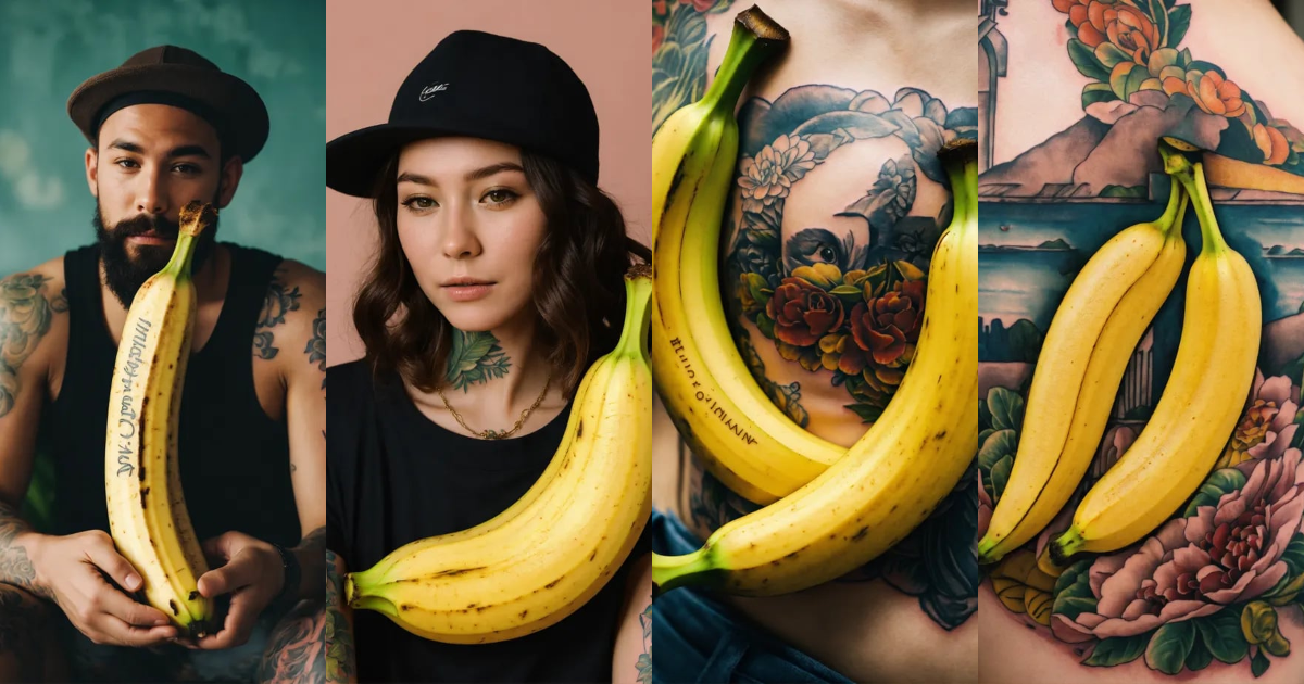 Lexica - Tatoo style, large hand holding a banana with a calm laid back ...