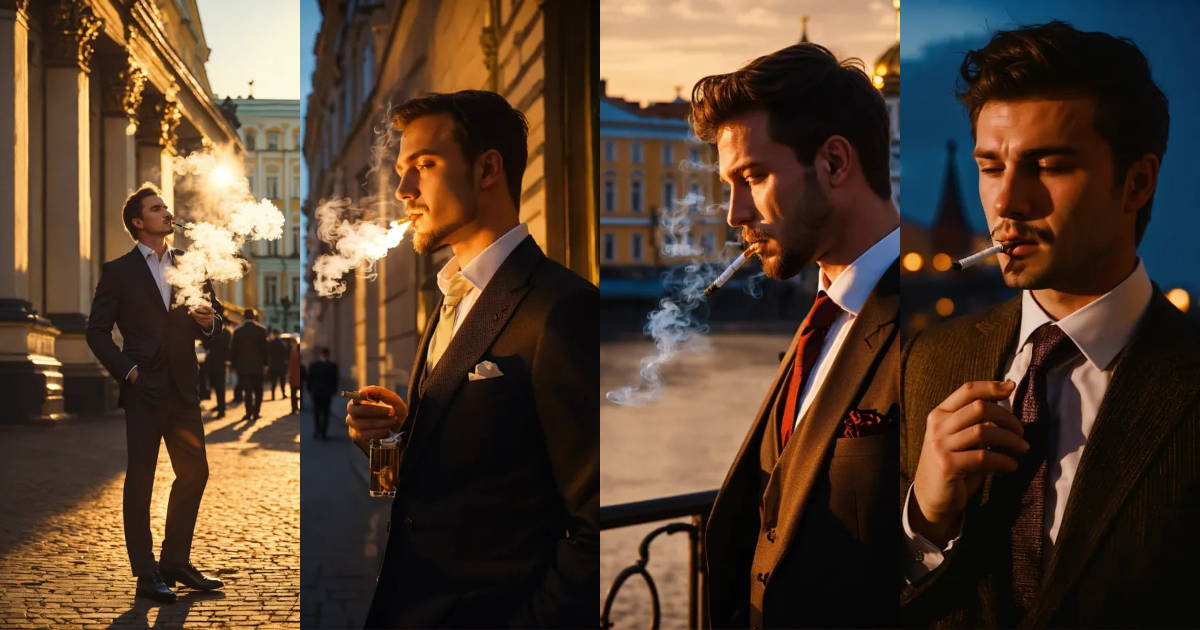 Lexica - Russian man with brown hair in a formal suit, smoking a ...