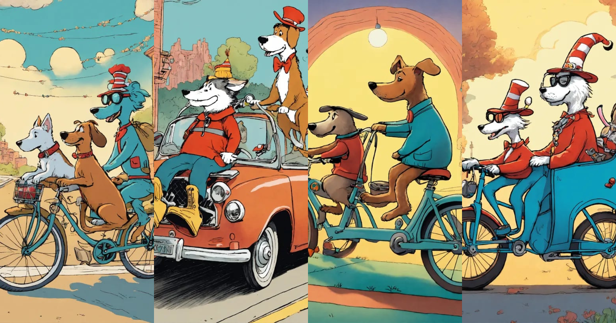Lexica - A dog riding a bike and another dog is on the backseat of the ...