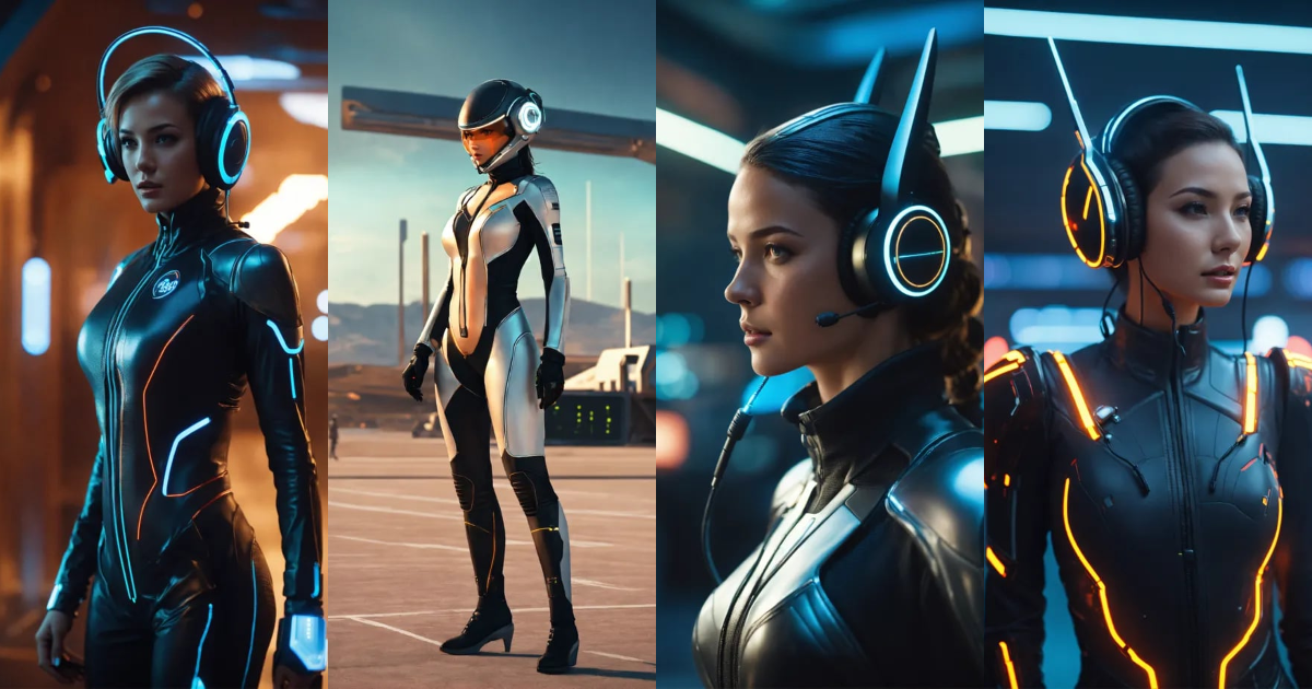 Lexica - Wide shot of a female super spy wearing a tight futuristic spy ...