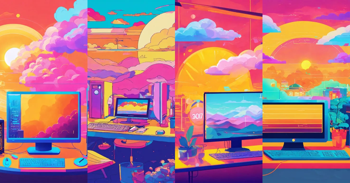 Lexica - Please generate a lively artwork of computers and cybersecurity under sunshine and ...