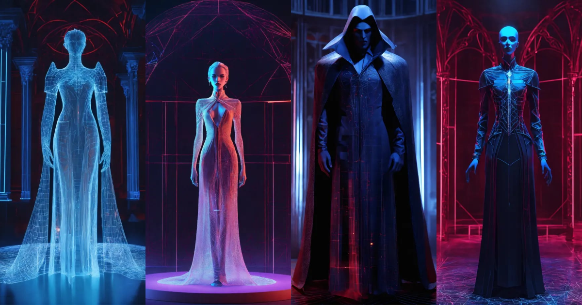 Lexica - Design a 3D hologram of a vampire with long gown, focusing on ...