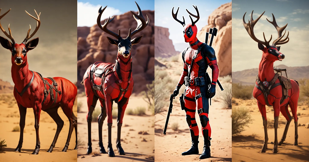 Lexica - Realistic, deadpool themmed deer, in the desert, amazing ...