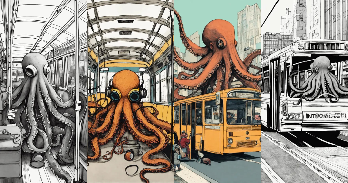 Lexica - Ink drawing of an octopus pushing wearing headphones, riding ...