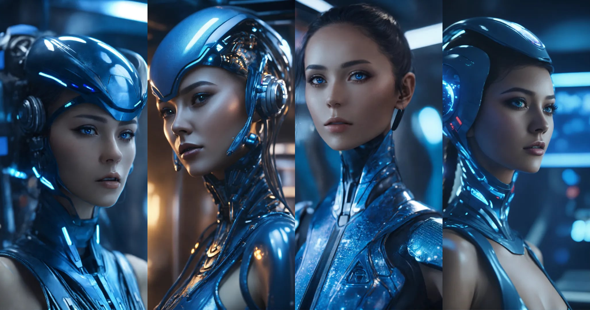 Lexica - Zoom out shot of a beautiful blue skin alien girl on hi tech ...