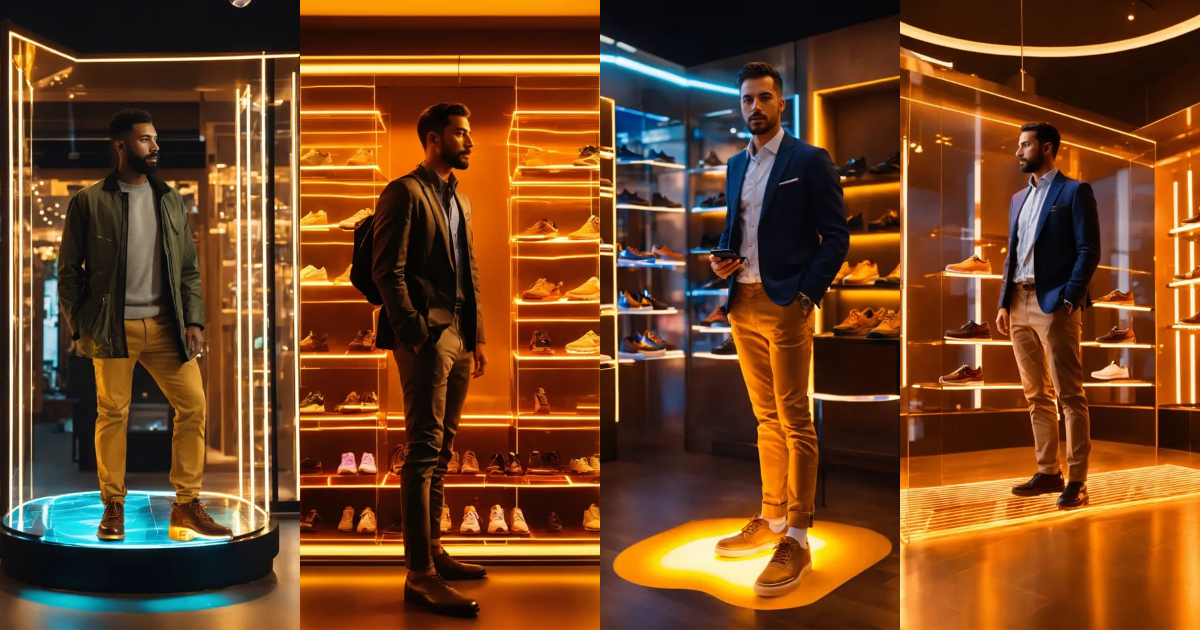 Lexica - Portrait of a man in a cutting-edge shoe shop with interactive ...
