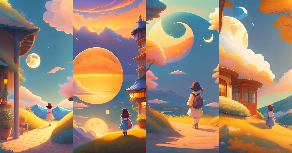 Lexica - Story illustration, big crescent moon sky, studio ghibli ...