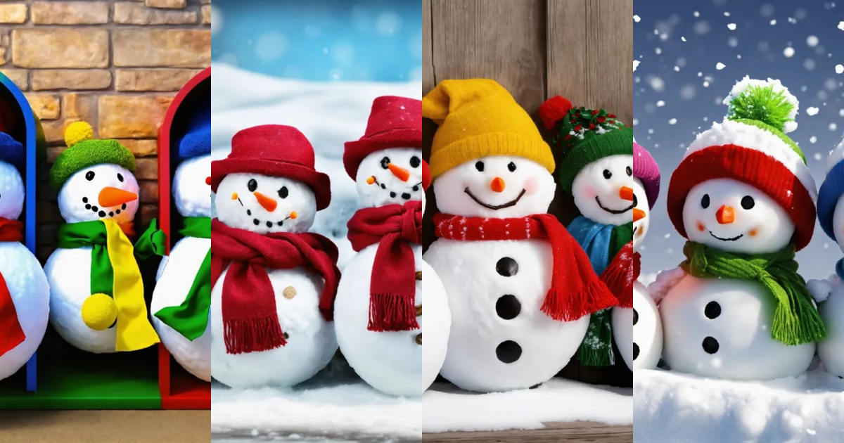 Lexica - 3D, 2 WINTER snowmen in line, each in hole in a wall, white ...