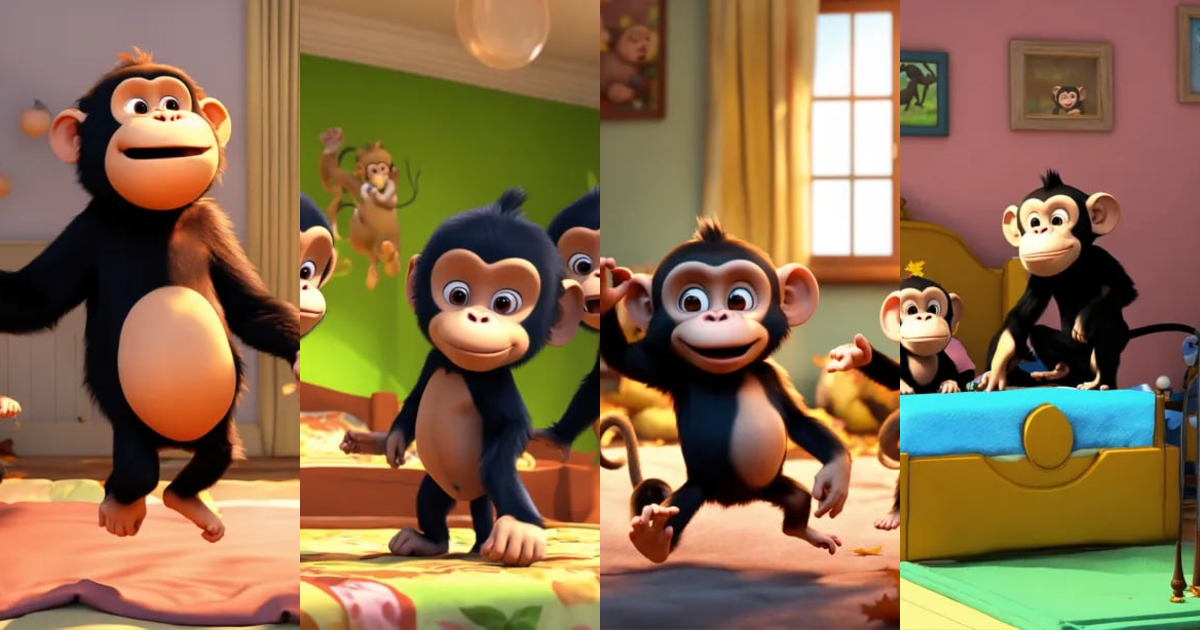 Lexica - Two little monkeys jumping on the bed, and one chimpanzee is ...