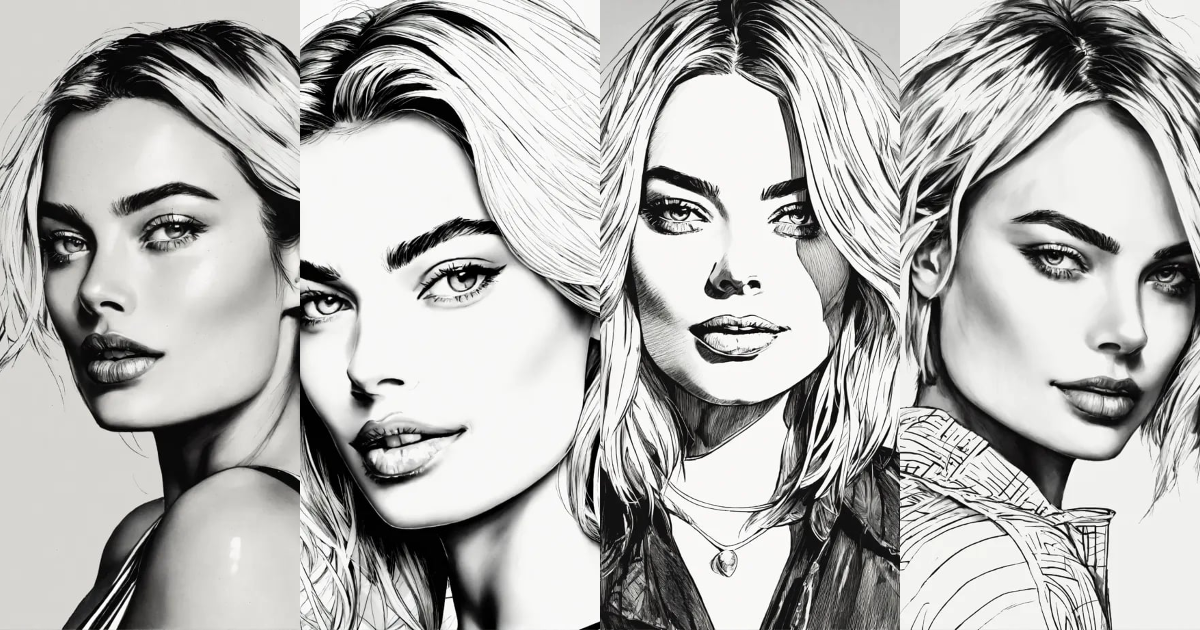 Lexica - Black and white bold line drawing, Margot robbie, glamorous ...