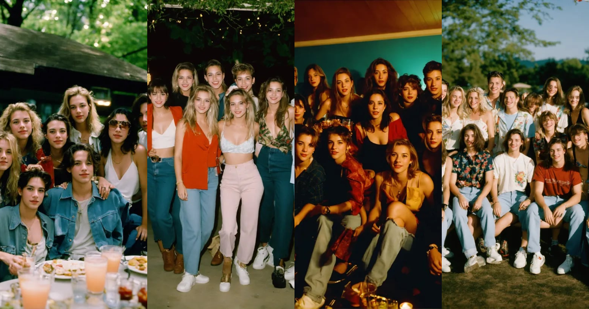 Lexica - Group photo of a bunch of friends at a party in the 90's. Shot ...