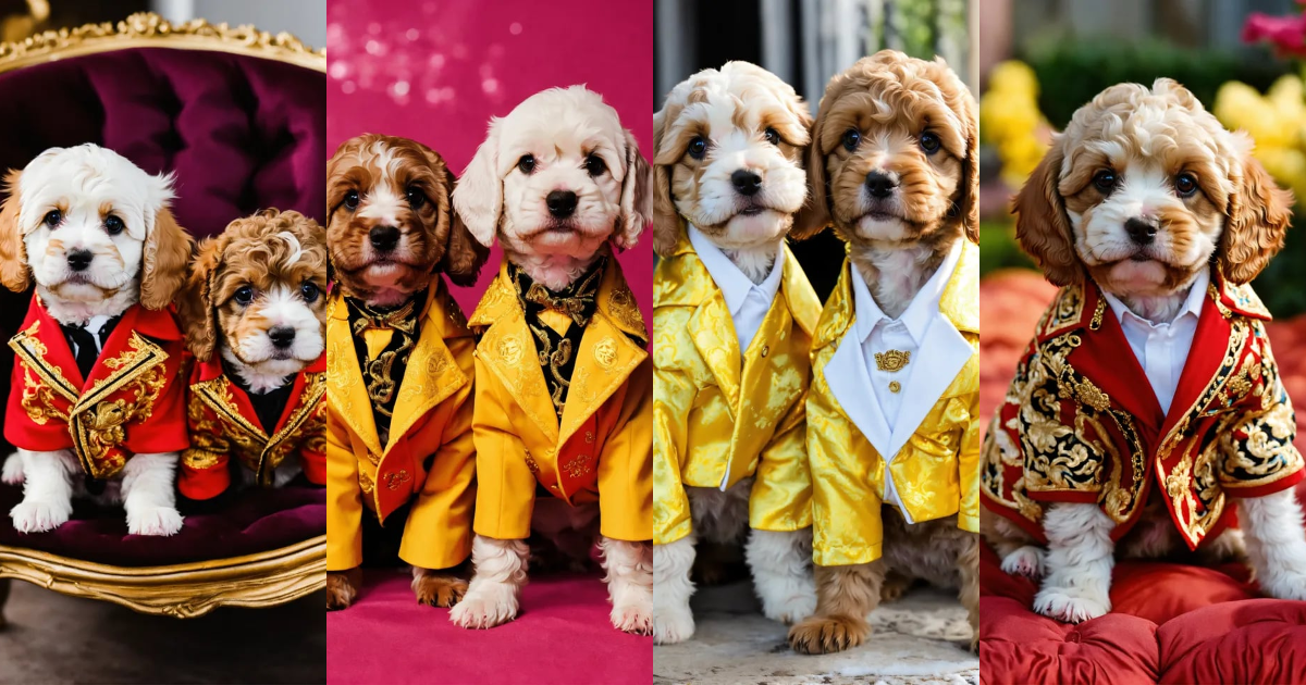 Lexica - 2 Cockapoo snow white puppies wear Versace suits.