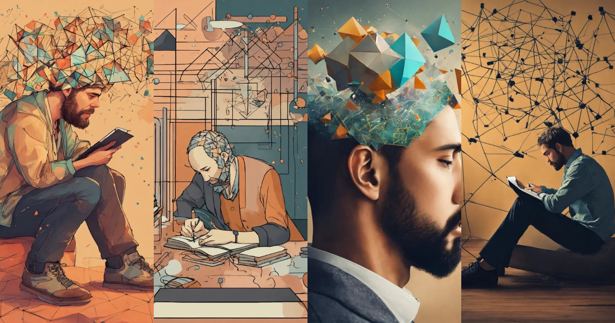 Lexica - Thoughts falling down into a man's head while he's writing geometric figures.