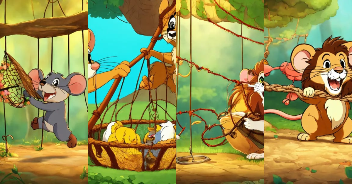 Lexica - Cartoon mouse are cutting using teeth big net hung to tree in ...