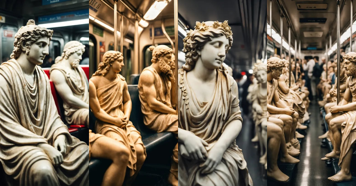 Lexica - Greek marble statues sitting in a very crowded subway train ...