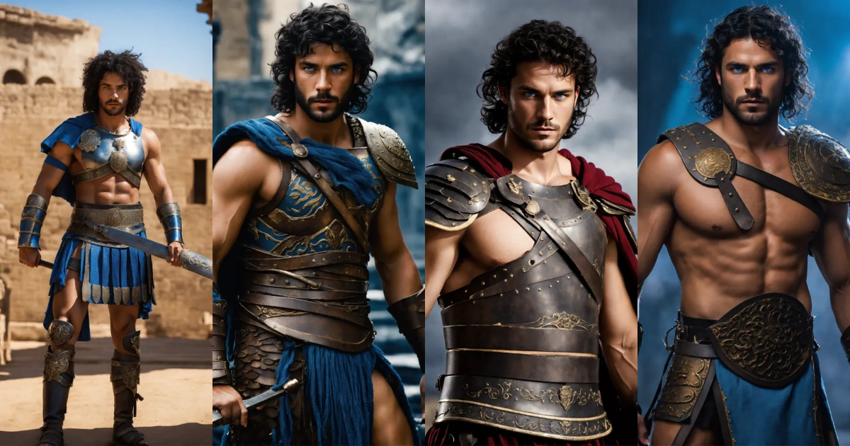 Lexica - Man gladiator with blue eyes and friz hair black