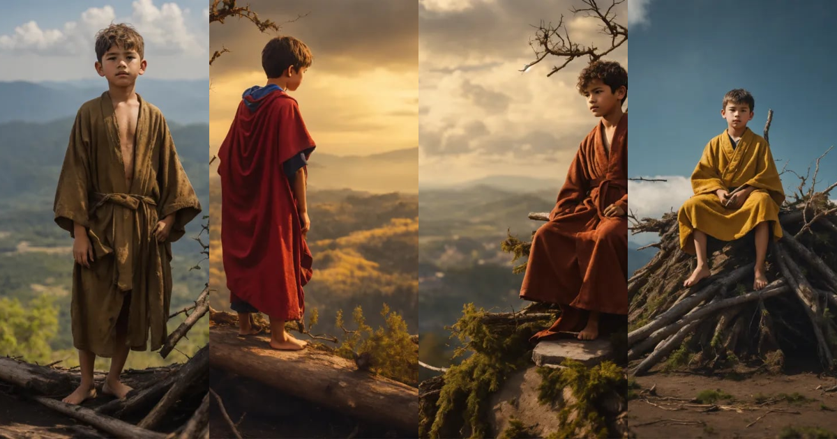 Lexica - A young boy, clothes in dirty robes, on top of an alter made ...