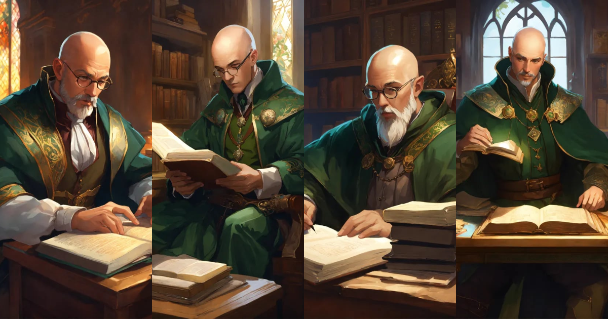 Lexica - Male noble chancellor bald Medieval reading books in his desk ...