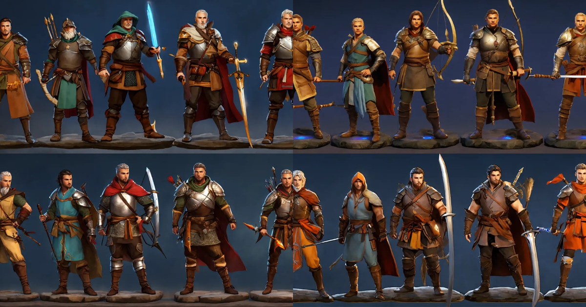 Lexica - 4 realistic full body male figures (mage, knight, archer ...