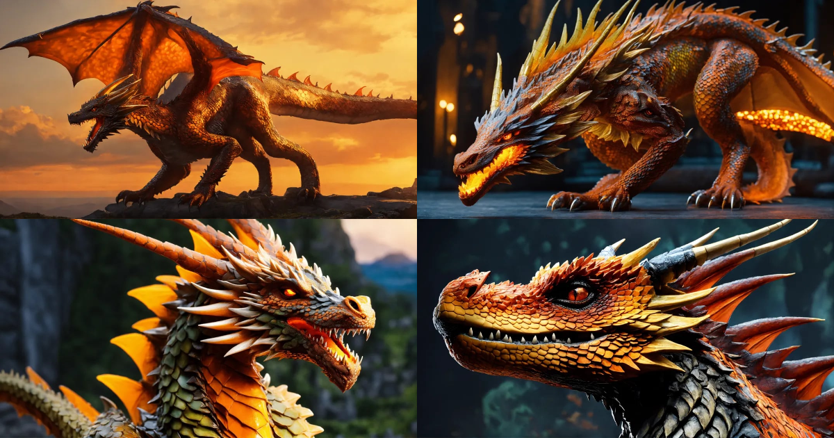 Lexica - Stunning, lifelike dragon with orange (HEX = FF5500) features.