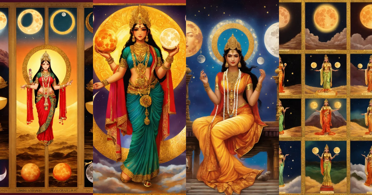 Lexica - Artwork for an oracle card of Lakshmi holding the stages of ...