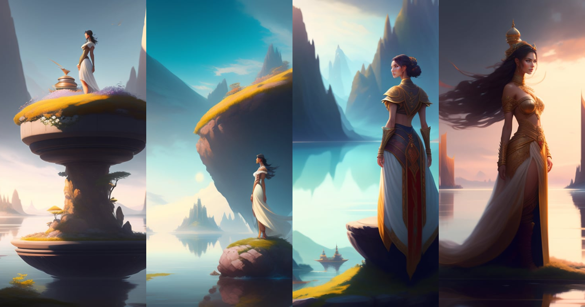 Lexica - Full body corina kopf standing on a floating island with many ...