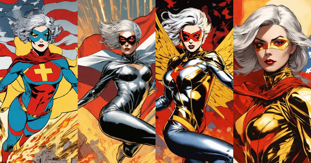 Lexica - Masked silver-haired female superhero, flying pose, fiery red ...