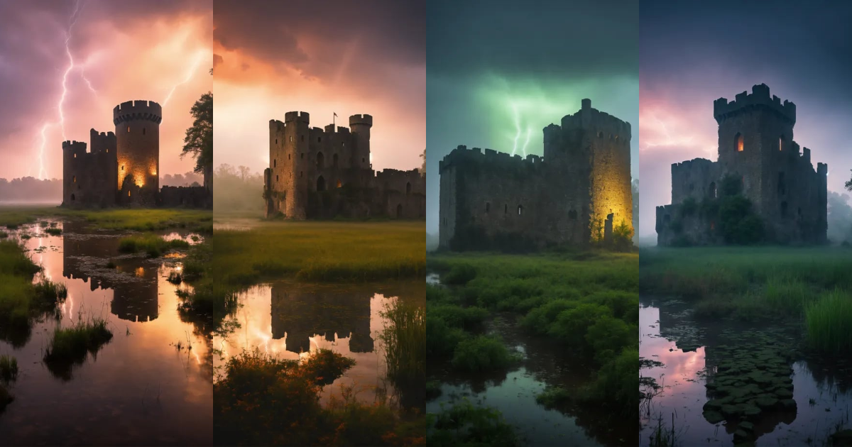 Lexica - Ruin of a stone castle in the middle of a foggy swamp ...