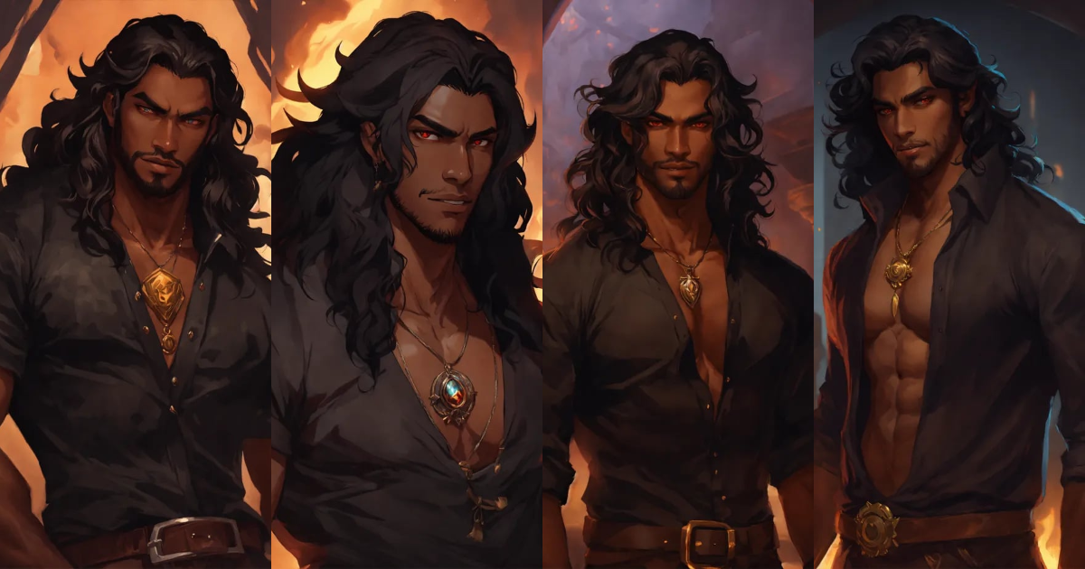 Lexica - A handsome demon man with brown skin and long wavy black hair ...