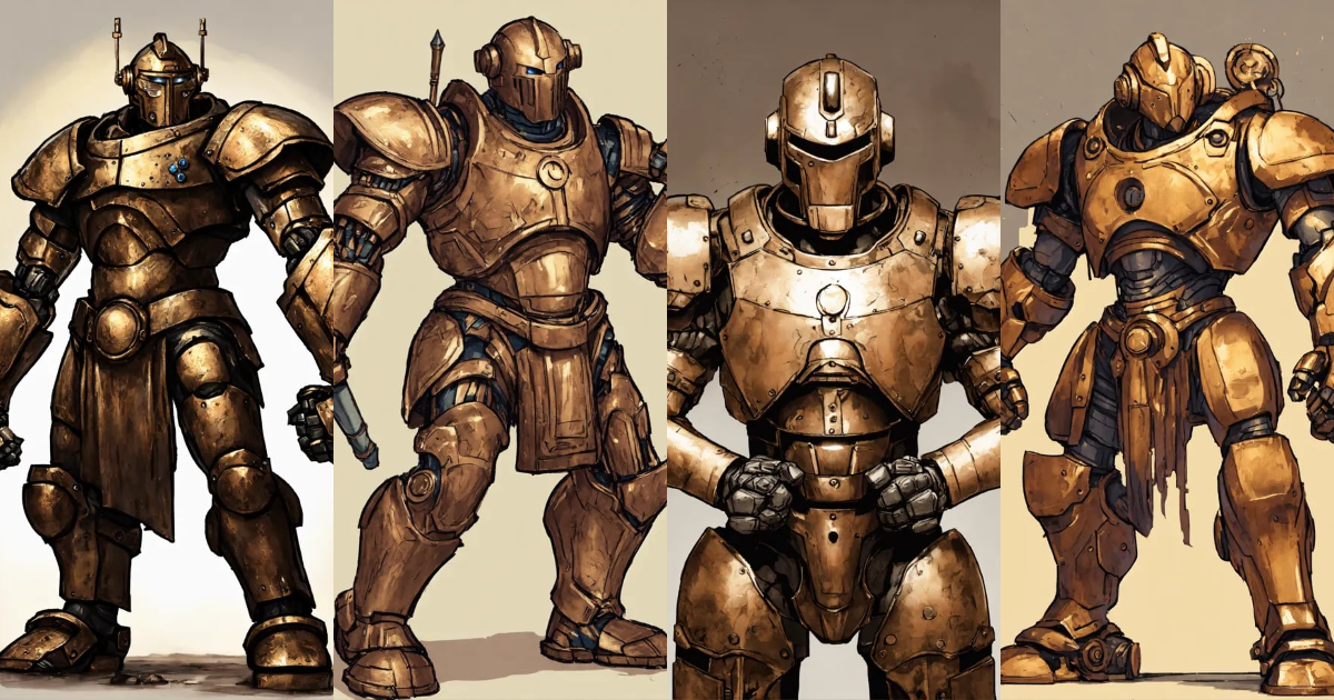 Lexica - Drawing of ancient bronze warforged robot holding fists in a ...