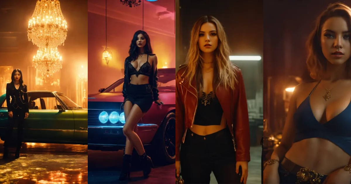 Lexica - Creative photoshoot of gangster girls group, night interior, mood lighting, wide front ...