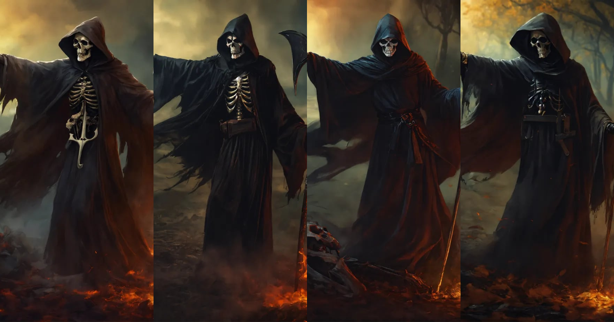 Lexica - A grim reaper with his arm outstretched and pointing to the right
